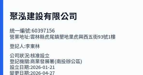 聚泓建設有限公司的照片-統編 60397156(雲林縣) 公司登記資料與營業項目詳細圖表
