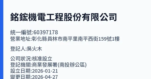 銘鋐機電工程股份有限公司的照片-統編 60397178(彰化縣) 公司登記資料與營業項目詳細圖表