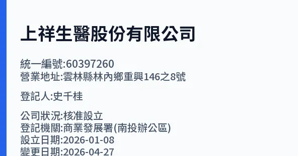 上祥生醫股份有限公司的照片-統編 60397260(雲林縣) 公司登記資料與營業項目詳細圖表