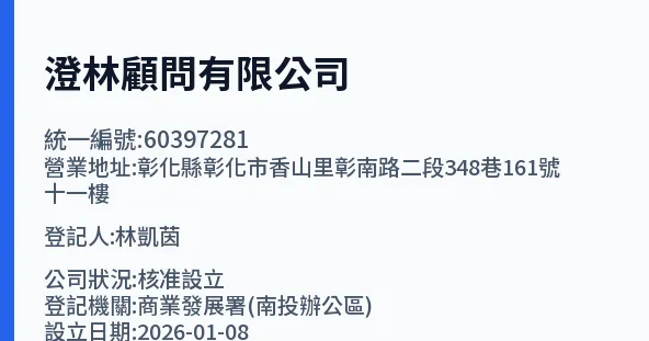 澄林顧問有限公司的照片-統編 60397281(彰化縣) 公司登記資料與營業項目詳細圖表