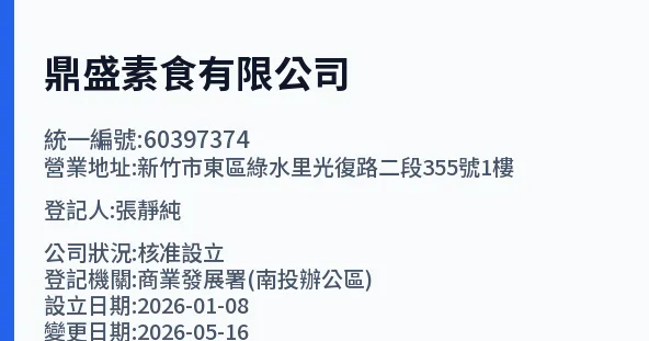 鼎盛素食有限公司的照片-統編 60397374(新竹市) 公司登記資料與營業項目詳細圖表