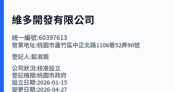 維多開發有限公司的照片-統編 60397613(桃園市) 公司登記資料與營業項目詳細圖表