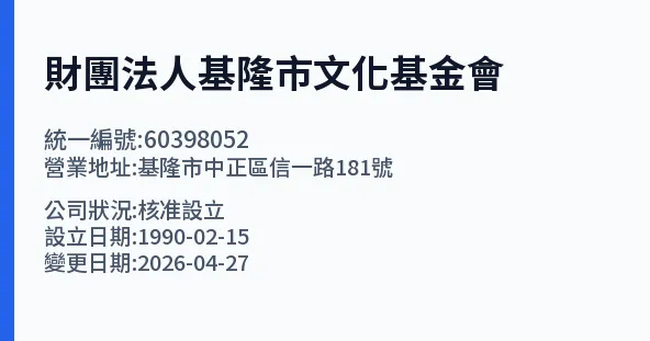 財團法人基隆市文化基金會的照片-統編 60398052(基隆市) 公司登記資料與營業項目詳細圖表