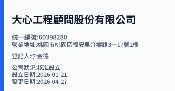 大心工程顧問股份有限公司的照片-統編 60398280(桃園市) 公司登記資料與營業項目詳細圖表