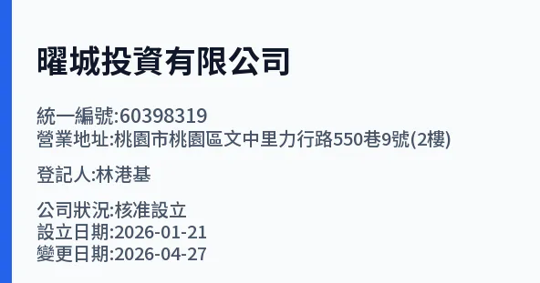 曜城投資有限公司的照片-統編 60398319(桃園市) 公司登記資料與營業項目詳細圖表
