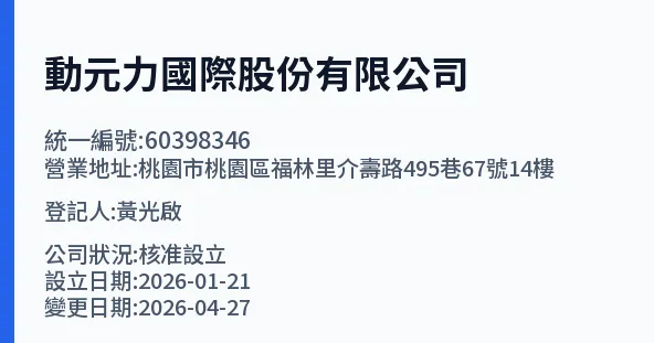 動元力國際股份有限公司的照片-統編 60398346(桃園市) 公司登記資料與營業項目詳細圖表