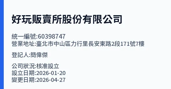 好玩販賣所股份有限公司的照片-統編 60398747(臺北市) 公司登記資料與營業項目詳細圖表