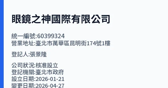 眼鏡之神國際有限公司的照片-統編 60399324(臺北市) 公司登記資料與營業項目詳細圖表