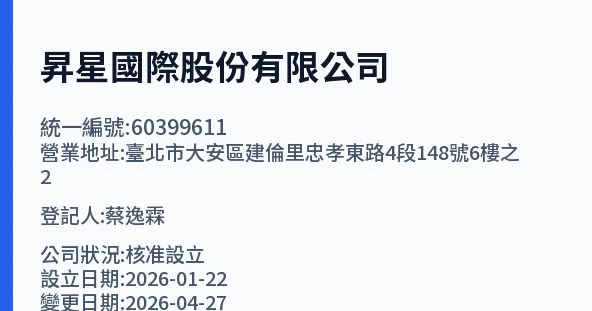 昇星國際股份有限公司的照片-統編 60399611(臺北市) 公司登記資料與營業項目詳細圖表