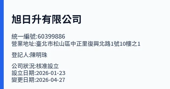旭日升有限公司的照片-統編 60399886(臺北市) 公司登記資料與營業項目詳細圖表
