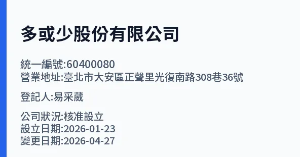 多或少股份有限公司的照片-統編 60400080(臺北市) 公司登記資料與營業項目詳細圖表
