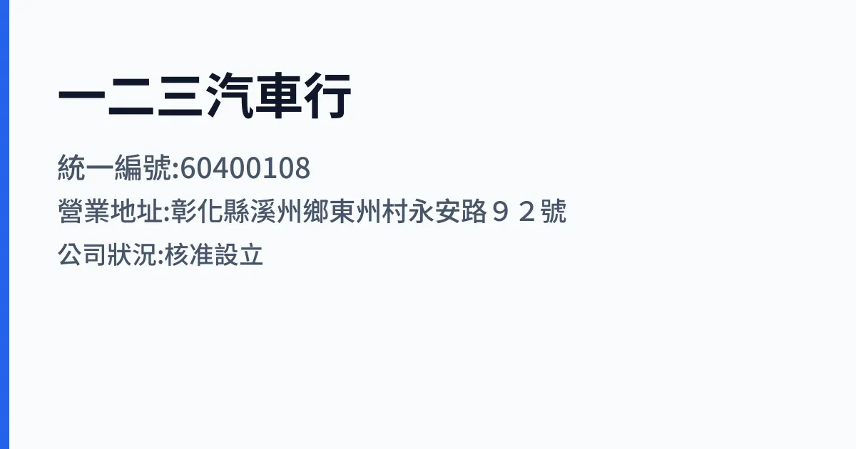 一二三汽車行 - 統編 60400108(彰化縣) 公司登記資料與營業項目詳細圖表