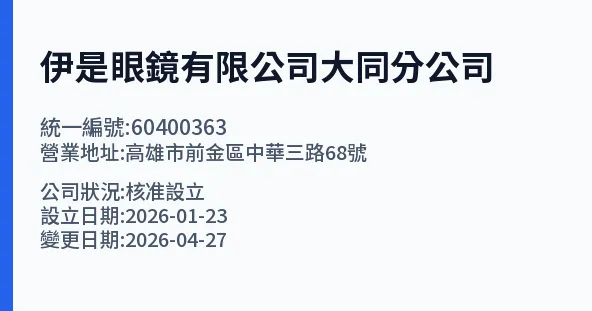 伊是眼鏡有限公司大同分公司的照片-統編 60400363(高雄市) 公司登記資料與營業項目詳細圖表