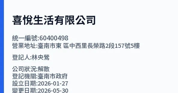 喜悅生活有限公司的照片-統編 60400498(臺南市) 公司登記資料與營業項目詳細圖表