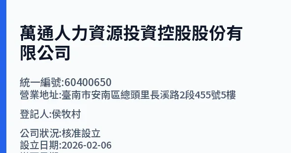 萬通人力資源投資控股股份有限公司的照片-統編 60400650(臺南市) 公司登記資料與營業項目詳細圖表