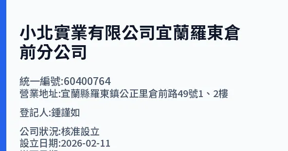 小北實業有限公司宜蘭羅東倉前分公司的照片-統編 60400764(宜蘭縣) 公司登記資料與營業項目詳細圖表
