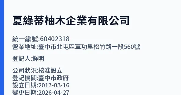 夏綠蒂柚木企業有限公司的照片-統編 60402318(臺中市) 公司登記資料與營業項目詳細圖表