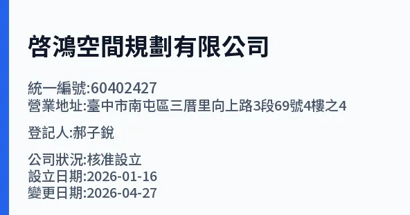 啓鴻空間規劃有限公司的照片-統編 60402427(臺中市) 公司登記資料與營業項目詳細圖表