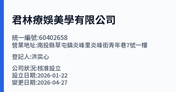 君林療娛美學有限公司的照片-統編 60402658(南投縣) 公司登記資料與營業項目詳細圖表