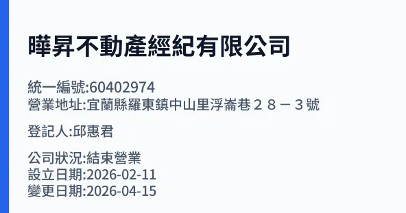 曄昇不動產經紀有限公司的照片-統編 60402974(宜蘭縣) 公司登記資料與營業項目詳細圖表