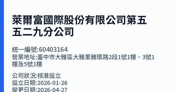 萊爾富國際股份有限公司第五五二九分公司的照片-統編 60403164(臺中市) 公司登記資料與營業項目詳細圖表