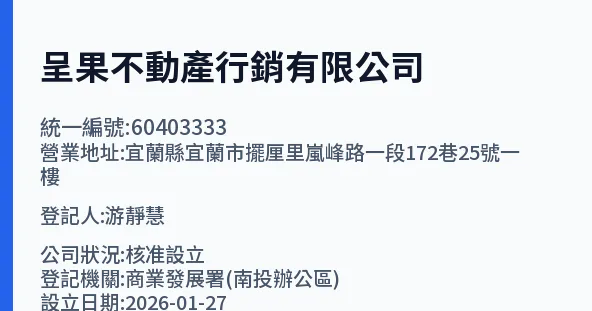 呈果不動產行銷有限公司的照片-統編 60403333(宜蘭縣) 公司登記資料與營業項目詳細圖表
