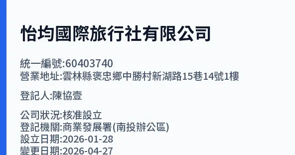 怡均國際旅行社有限公司的照片-統編 60403740(雲林縣) 公司登記資料與營業項目詳細圖表