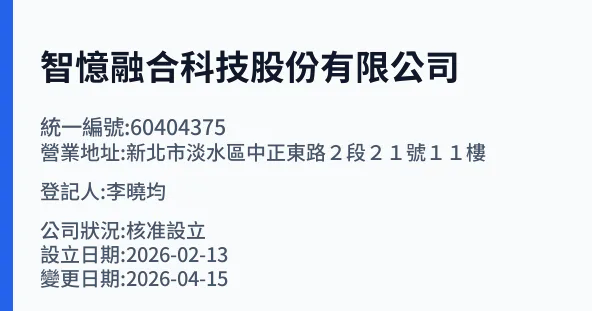 智憶融合科技股份有限公司的照片-統編 60404375(新北市) 公司登記資料與營業項目詳細圖表