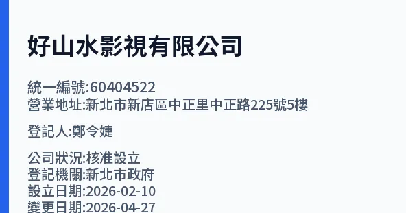 好山水影視有限公司的照片-統編 60404522(新北市) 公司登記資料與營業項目詳細圖表