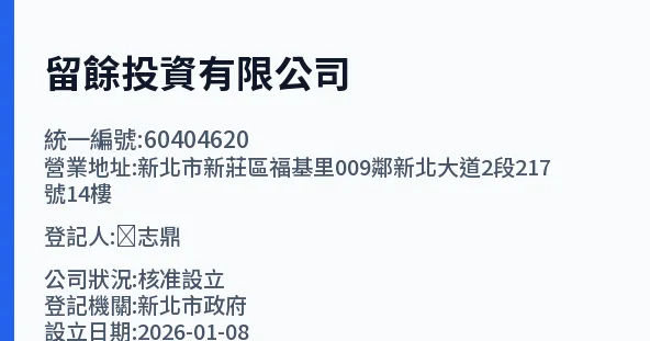 留餘投資有限公司的照片-統編 60404620(新北市) 公司登記資料與營業項目詳細圖表