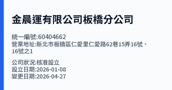 金晨運有限公司板橋分公司的照片-統編 60404662(新北市) 公司登記資料與營業項目詳細圖表
