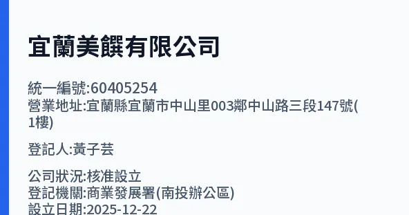 宜蘭美饌有限公司的照片-統編 60405254(宜蘭縣) 公司登記資料與營業項目詳細圖表