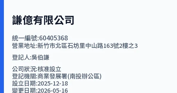 謙億有限公司的照片-統編 60405368(新竹市) 公司登記資料與營業項目詳細圖表