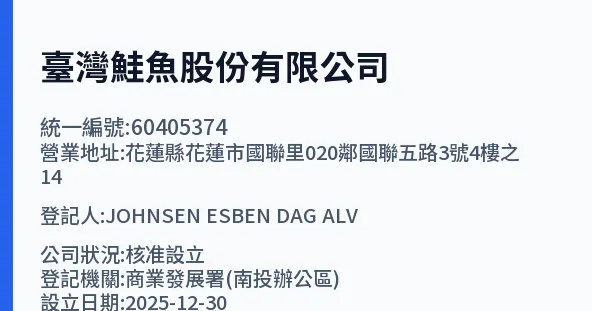 臺灣鮭魚股份有限公司的照片-統編 60405374(花蓮縣) 公司登記資料與營業項目詳細圖表