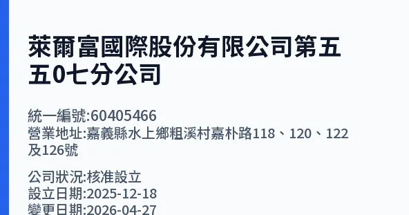 萊爾富國際股份有限公司第五五0七分公司的照片-統編 60405466(嘉義縣) 公司登記資料與營業項目詳細圖表