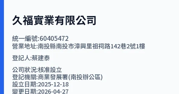 久福實業有限公司的照片-統編 60405472(南投縣) 公司登記資料與營業項目詳細圖表