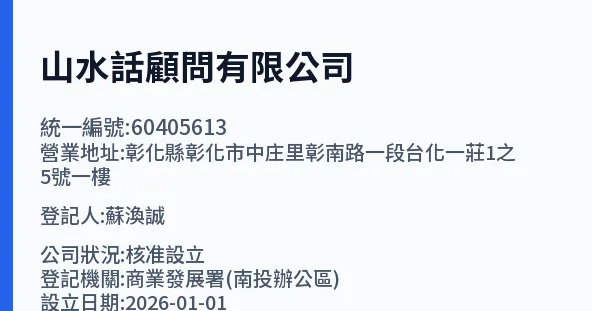 山水話顧問有限公司的照片-統編 60405613(彰化縣) 公司登記資料與營業項目詳細圖表