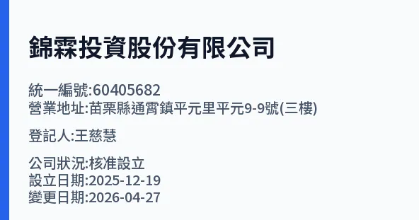 錦霖投資股份有限公司的照片-統編 60405682(苗栗縣) 公司登記資料與營業項目詳細圖表