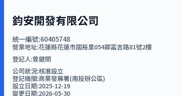 鈞安開發有限公司的照片-統編 60405748(花蓮縣) 公司登記資料與營業項目詳細圖表