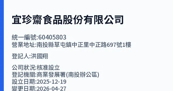 宜珍齋食品股份有限公司的照片-統編 60405803(南投縣) 公司登記資料與營業項目詳細圖表