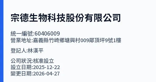 宗德生物科技股份有限公司的照片-統編 60406009(嘉義縣) 公司登記資料與營業項目詳細圖表