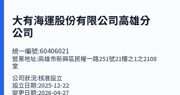 大有海運股份有限公司高雄分公司的照片-統編 60406021(高雄市) 公司登記資料與營業項目詳細圖表