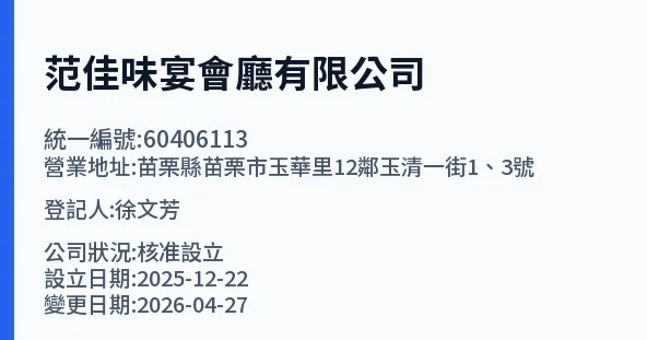 范佳味宴會廳有限公司的照片-統編 60406113(苗栗縣) 公司登記資料與營業項目詳細圖表