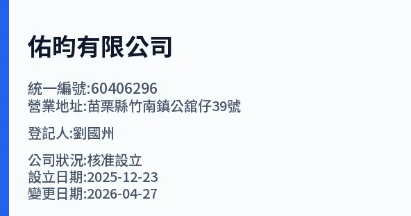 佑昀有限公司的照片-統編 60406296(苗栗縣) 公司登記資料與營業項目詳細圖表