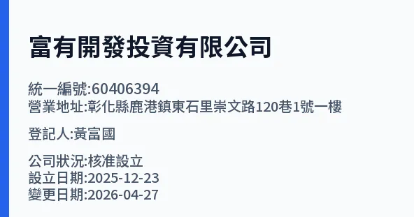 富有開發投資有限公司的照片-統編 60406394(彰化縣) 公司登記資料與營業項目詳細圖表