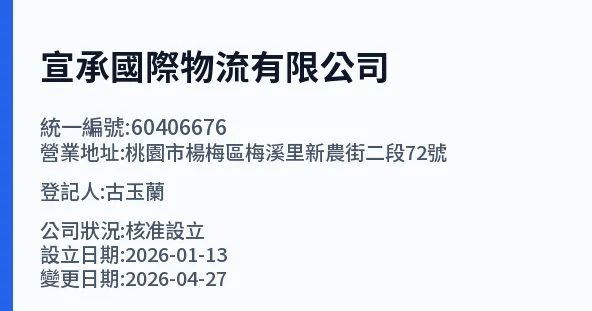 宣承國際物流有限公司的照片-統編 60406676(桃園市) 公司登記資料與營業項目詳細圖表
