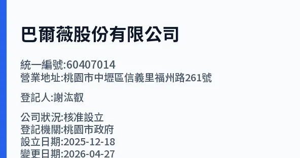 巴爾薇股份有限公司的照片-統編 60407014(桃園市) 公司登記資料與營業項目詳細圖表