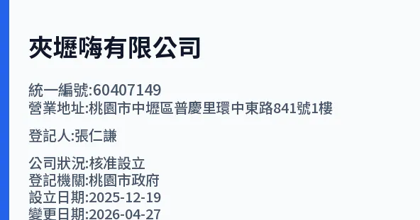 夾壢嗨有限公司的照片-統編 60407149(桃園市) 公司登記資料與營業項目詳細圖表