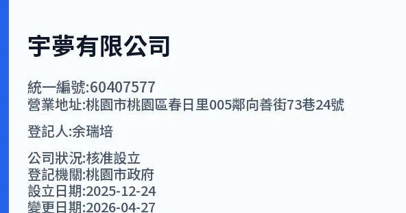 宇夢有限公司的照片-統編 60407577(桃園市) 公司登記資料與營業項目詳細圖表