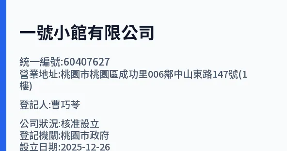 一號小館有限公司的照片-統編 60407627(桃園市) 公司登記資料與營業項目詳細圖表